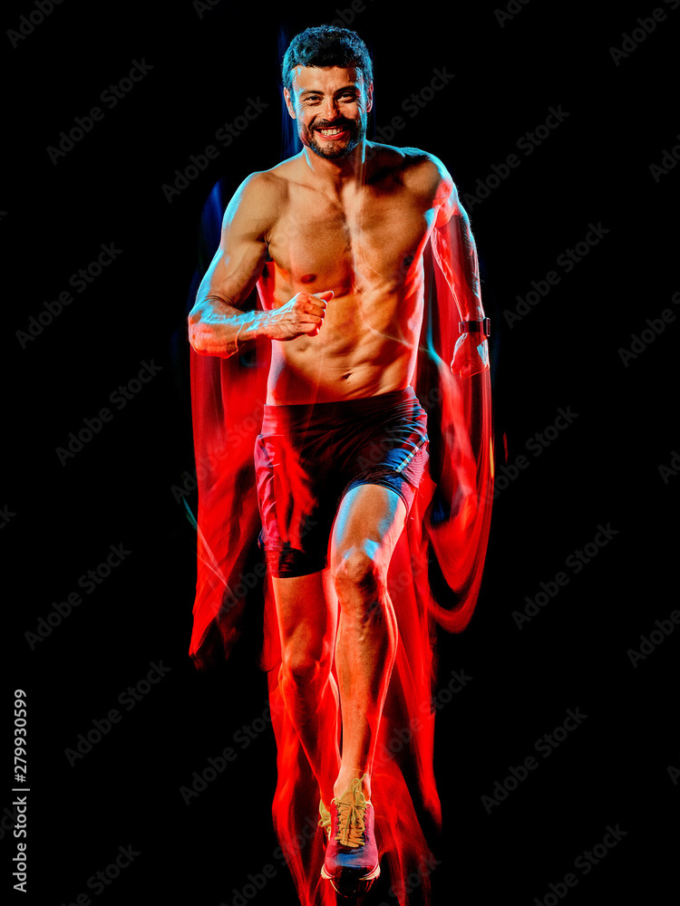 one caucasian topless muscular mature man runner. running jogger jogging isolated on black ...