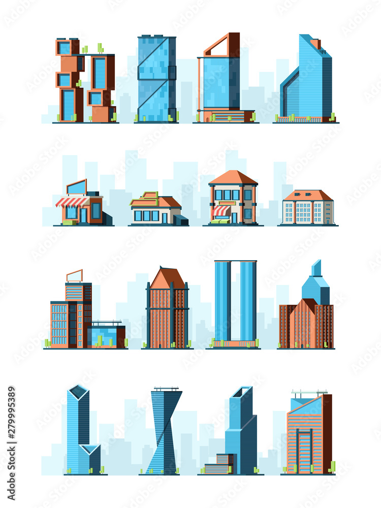 City buildings. Skyscraper street houses groceries village ...