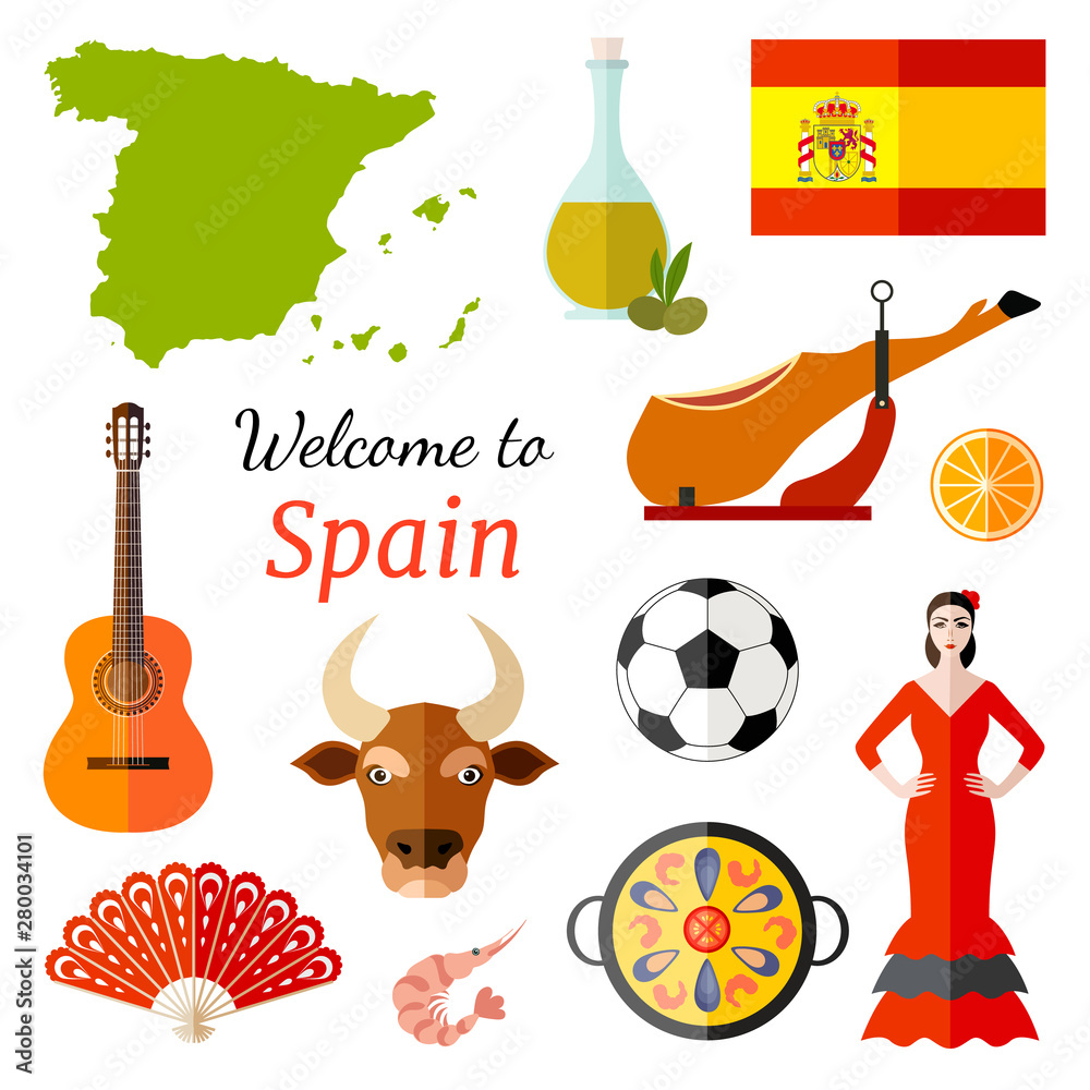 Banner with vector icons of Spain and the inscription Welcome to Spain. Famous spanish symbols ...