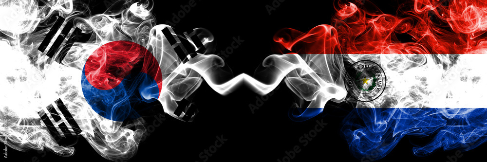 South Korea vs Paraguay, Paraguayan smoky mystic flags placed side by ...