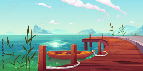 Wooden pier and boat on river natural landscape, wharf with ropes and ...