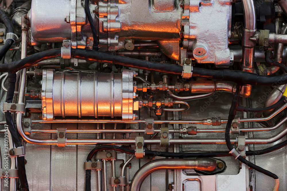 Engine of fighter jet, internal structure with hydraulic, fuel pipes ...