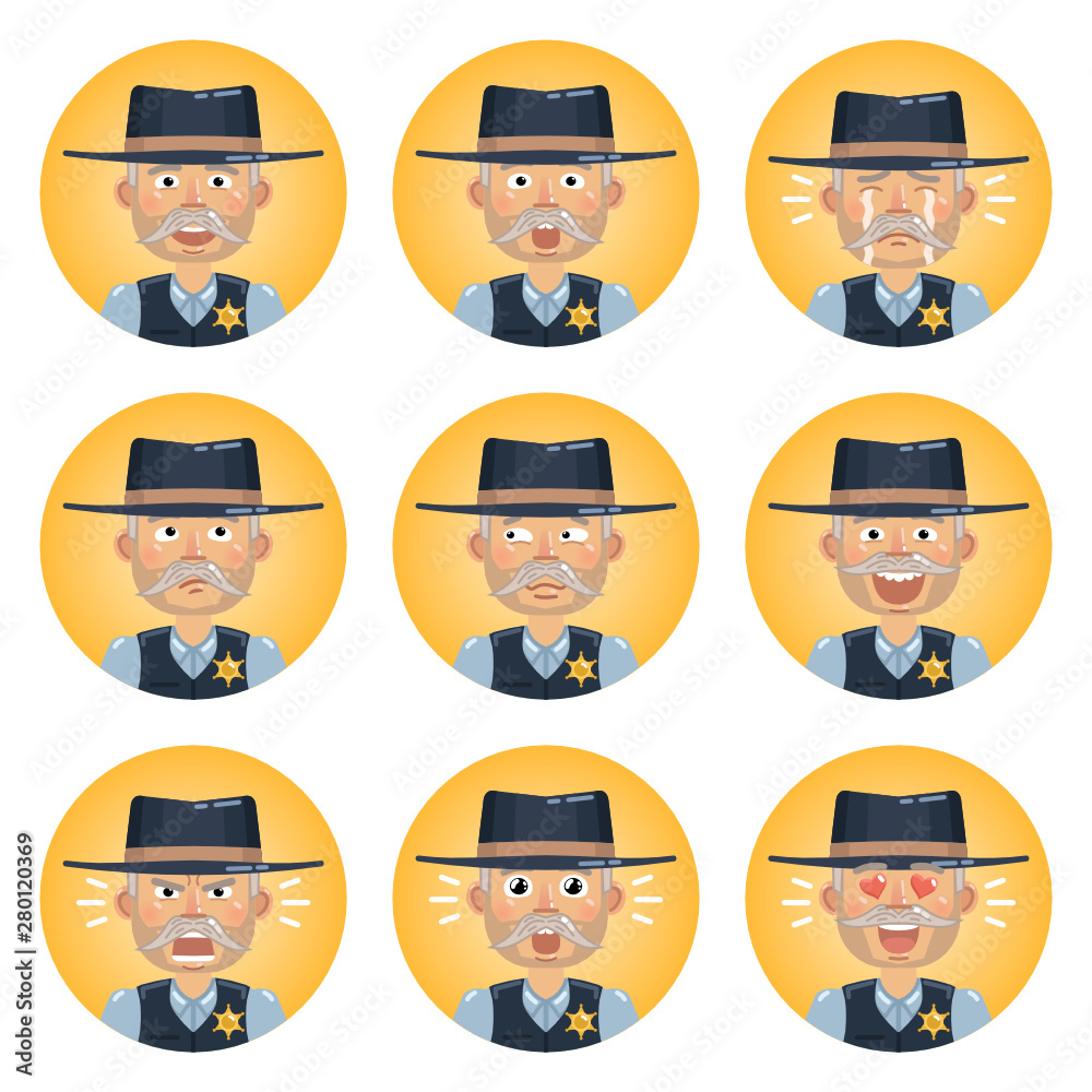 Set of old sheriff emoticons. Man avatars showing different emotions ...