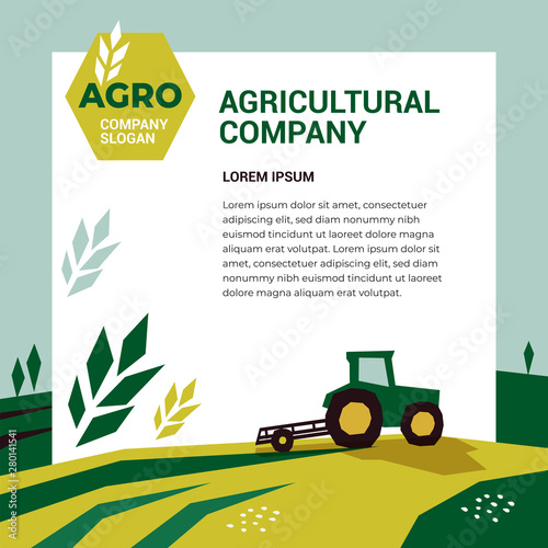 Vector illustration of agriculture with tractor, farm land, field. Logo ...