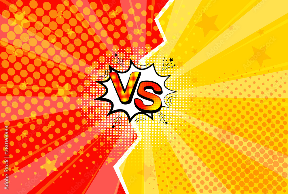 Pop art retro comic. Yellow and red background. Versus lightning blast ...