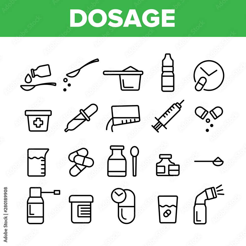 Dosage, Dosing Drugs Vector Linear Icons Set. Pharmacological ...
