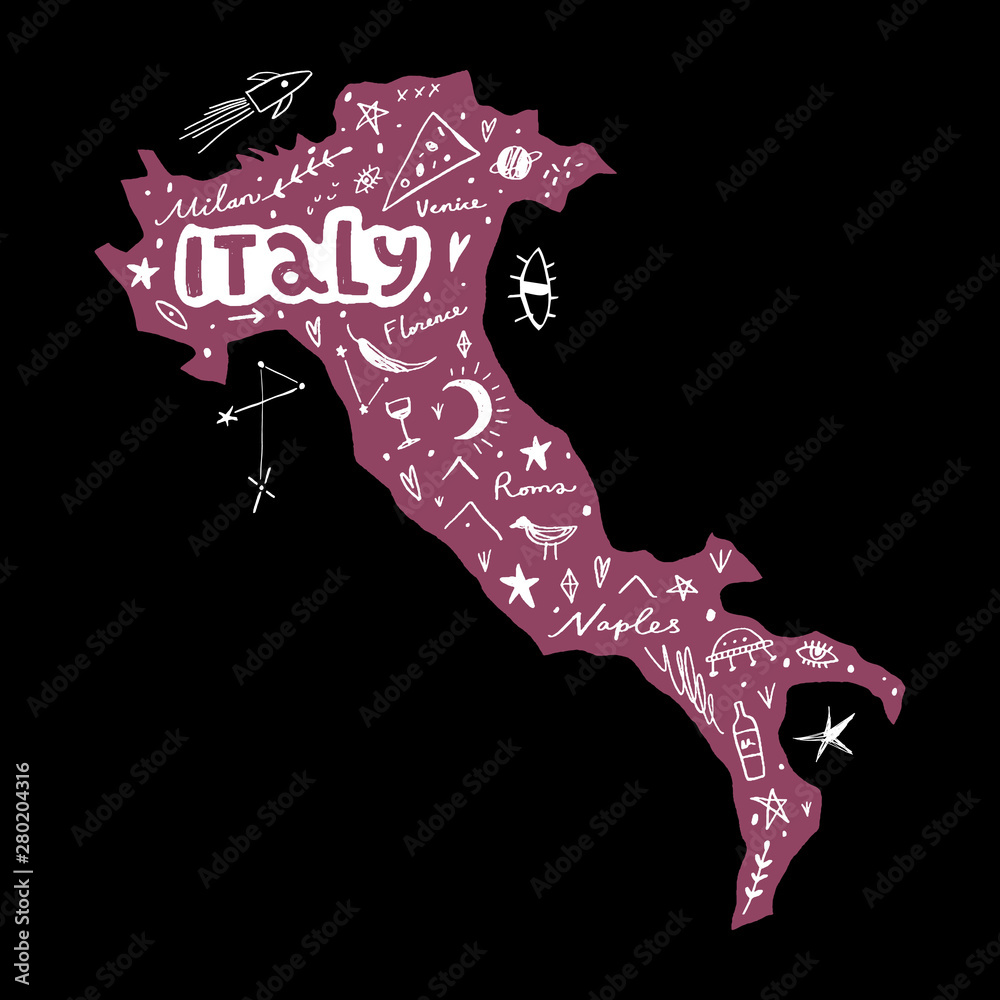 Vector handdrawn stylized map of Italy. Travel doodle illustration with ...