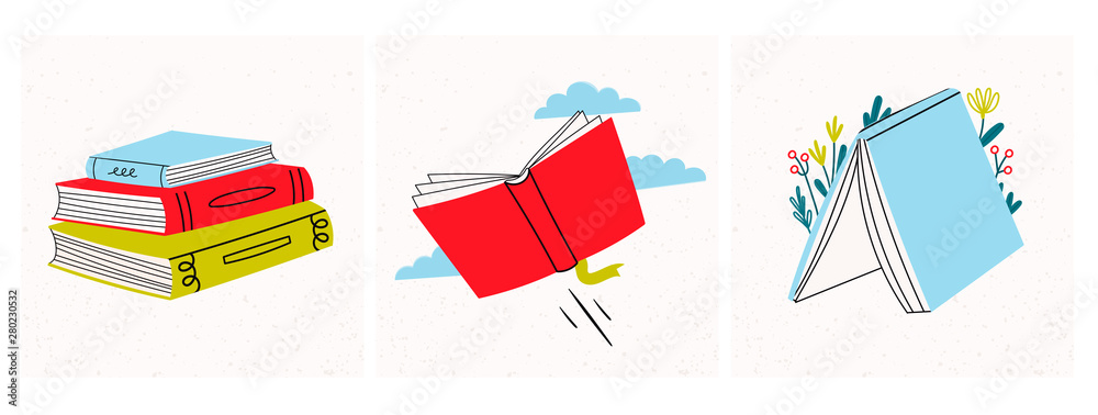 Read more books. Set of various books and stack of books. Hand drawn ...