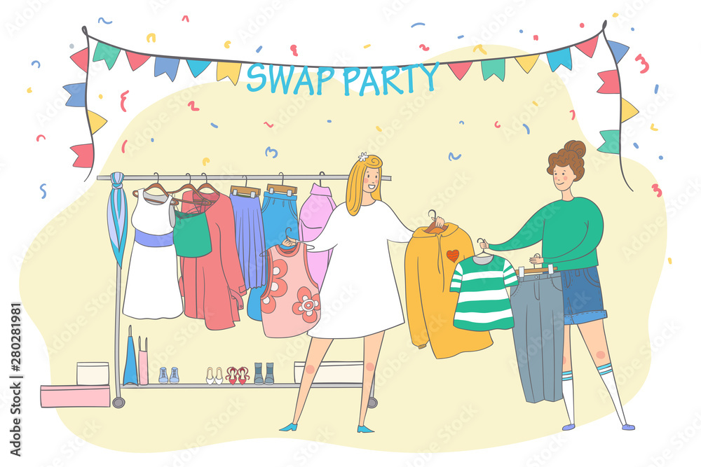 Swap party girls sell, buy and exchange clothes. Garage sale. Two young ...