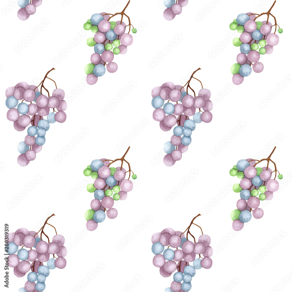 Watercolor seamless pattern of grapes. Hand drawn botanical ...