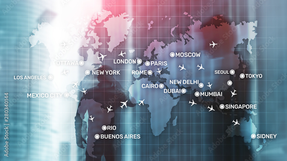 Aviation wallpaper with planes over the map with major city names ...