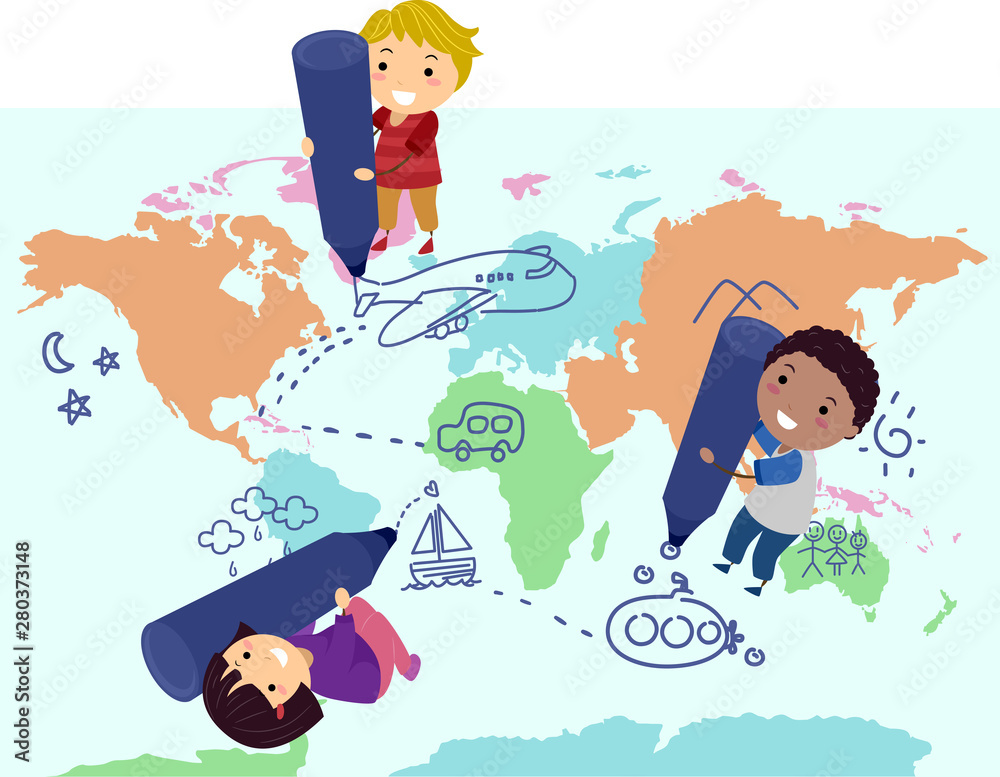 Stickman Kids Draw Route Map Illustration Stock Vector | Adobe Stock