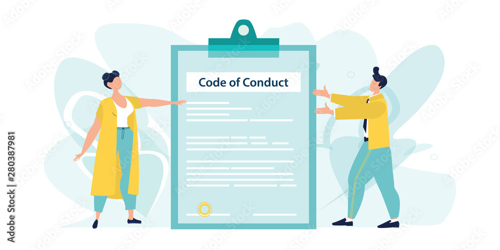 Code of Conduct. Business ethics. Business man and woman looking on ...