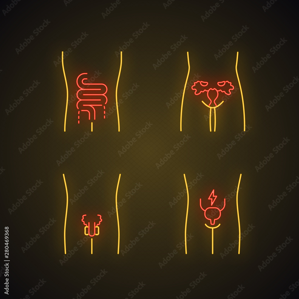 Ill human organs neon light icons set. Sore intestines and urinary ...