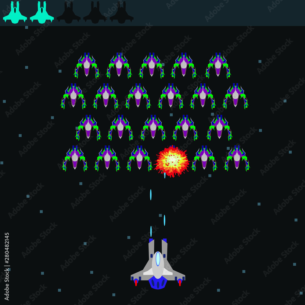 Retro video game, screen, arcade space warships, shooting, background ...