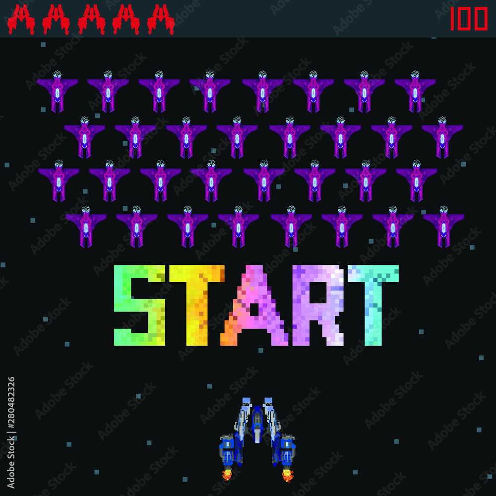 Retro video game, screen, arcade space warships, shooting, background ...