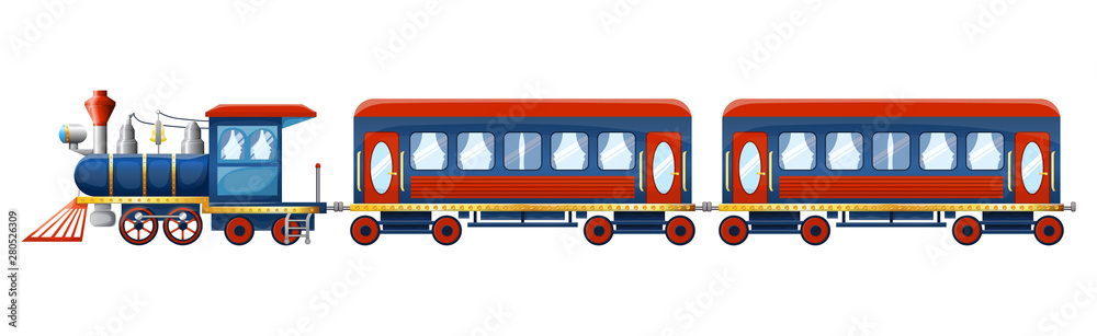 Train composition from cute cartoon colored retro steam locomotive and ...