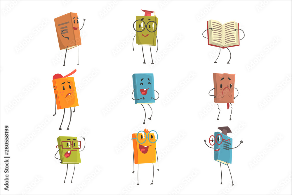 Cute Humanized Book Emoji Characters Representing Different Types Of ...