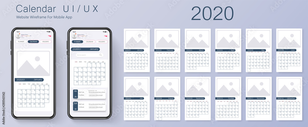 Image vectorielle Stock Mobile app calendar 2020 week start sunday corporate design template ...