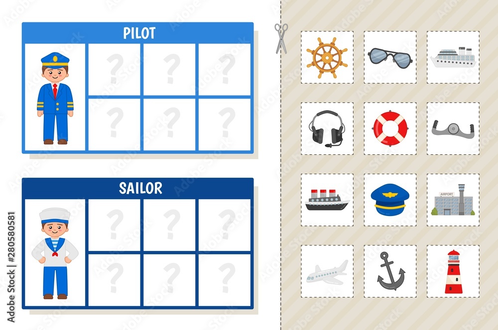 Matching children educational game. Learning cards. Match objects and ...