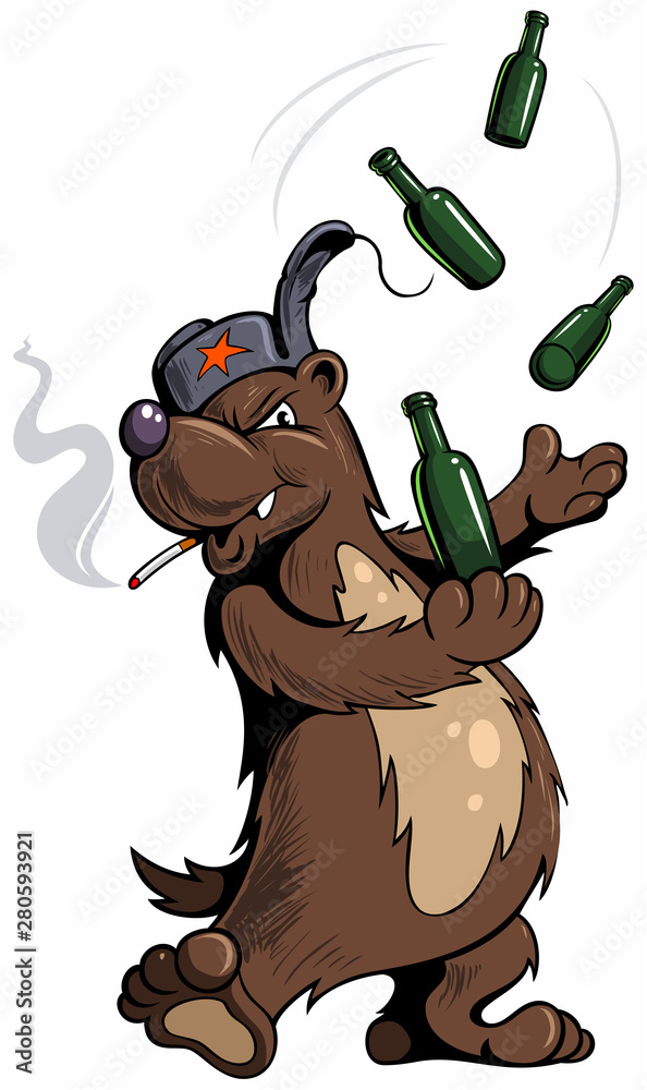 Cartoon, russian style brown bear juggling bottles, vector cartoon ...