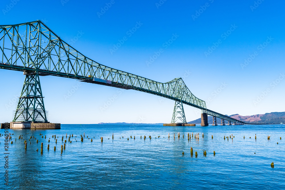A section of the Astoria-Megler Bridge, a steel cantilever through ...