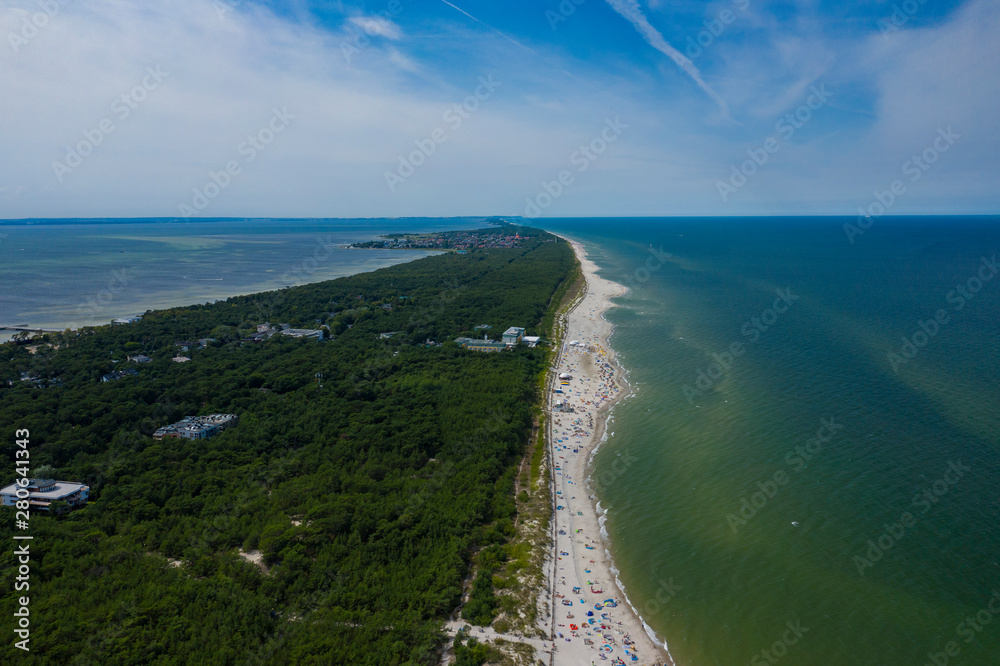 Aerial view of Hel Peninsula in Poland, Baltic Sea and Puck Bay (Zatoka ...