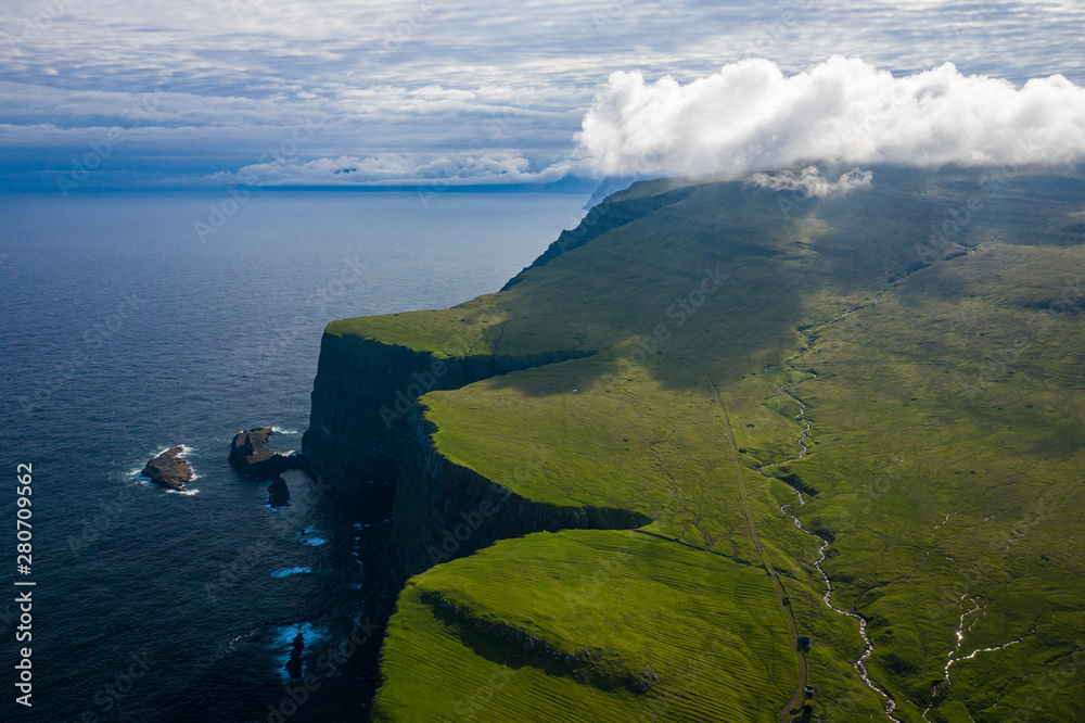 Aerial view of Mykines island in Faroe Islands, North Atlantic Ocean ...