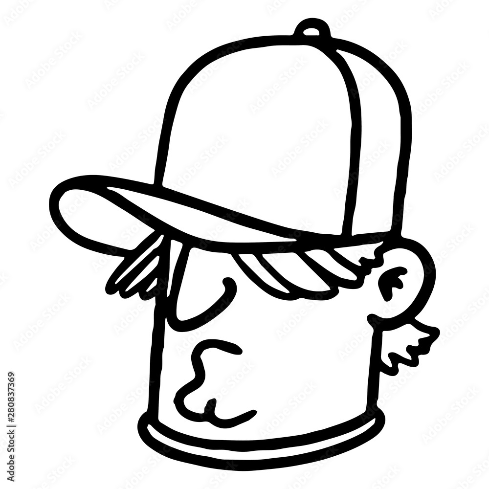 Face of an annoyed teenager with a cap over his eyes and shaggy hair ...