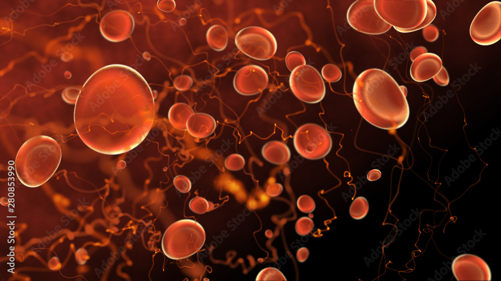 Microscope red blood cells and virus Bacteria, infection 3d rendering ...