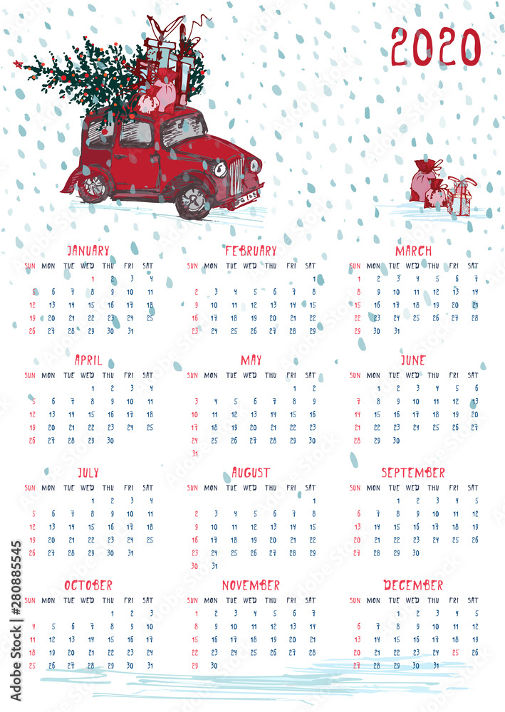 2020 Calendar planner whith red christmas truck, new year tree and ...
