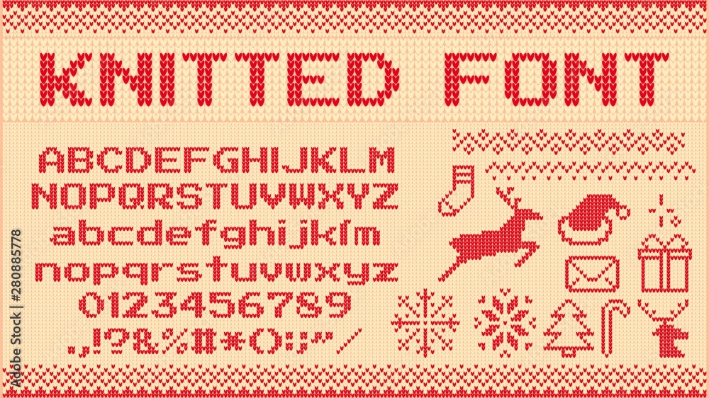 Winter sweater font. Knitted christmas sweaters letters, knit jumper ...