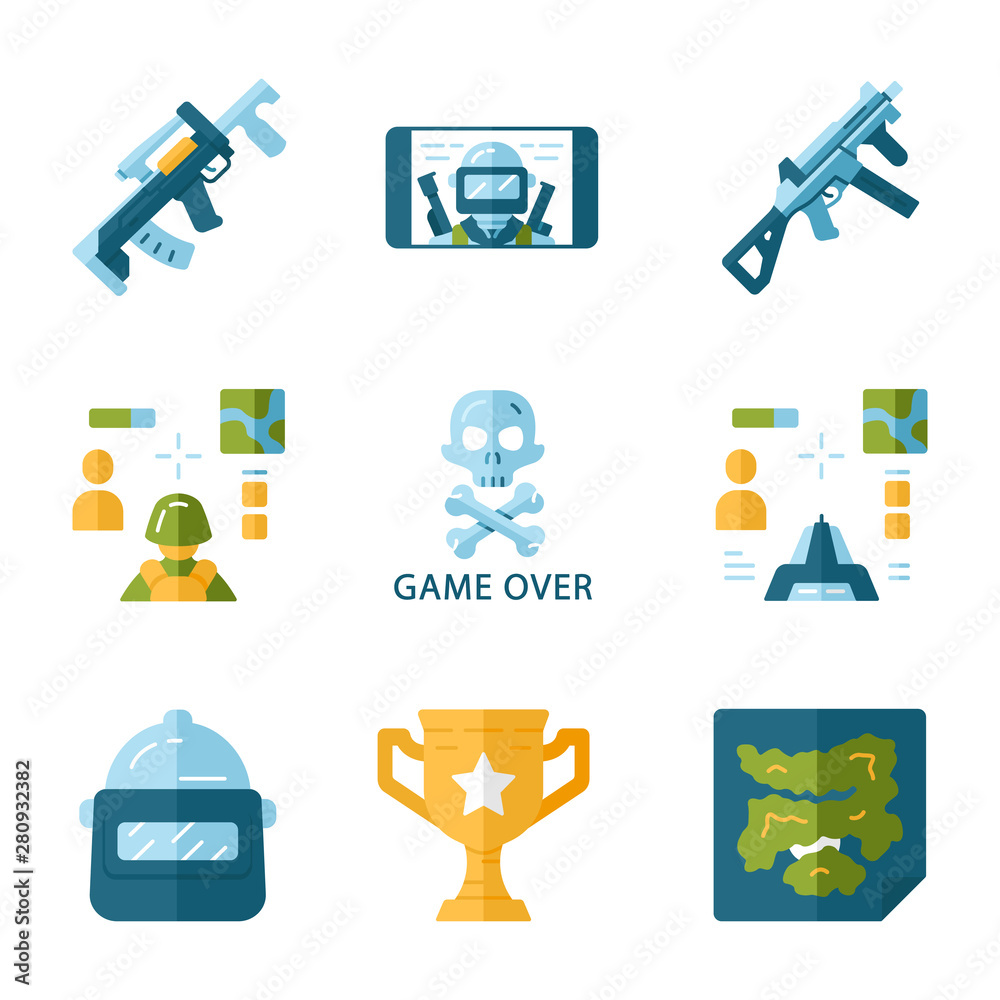 Online game inventory flat design long shadow color icons set. Esports. Weapon, gun, 3d and from ...