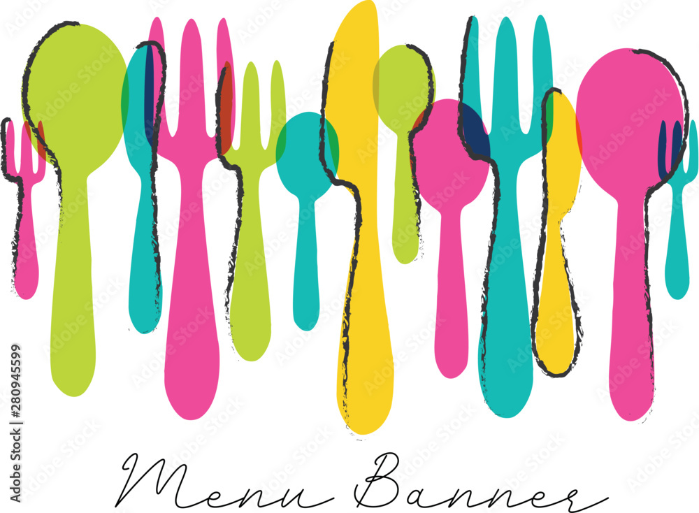 Modern cutlery menu banner design with colorful knife, spoon and fork ...