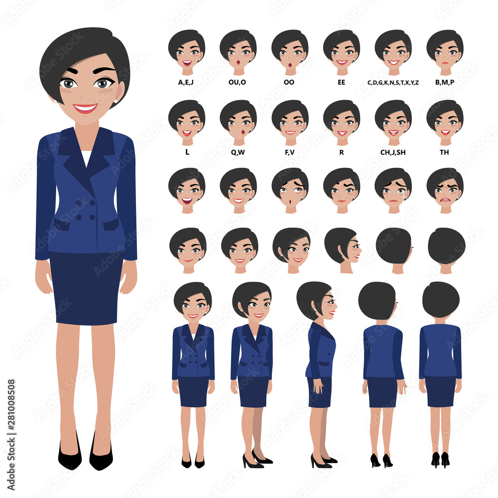 Cartoon character with business woman in suit for animation. Front ...