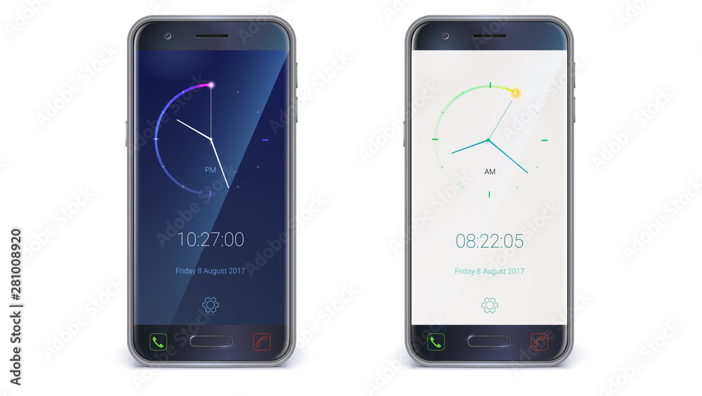 Smartphone, mobile phone isolated on white background. Clock ...