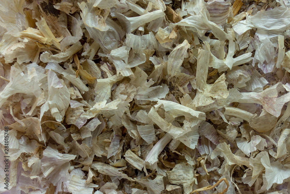 Dried peels or husks pile. Closeup of organic natural particles as ...