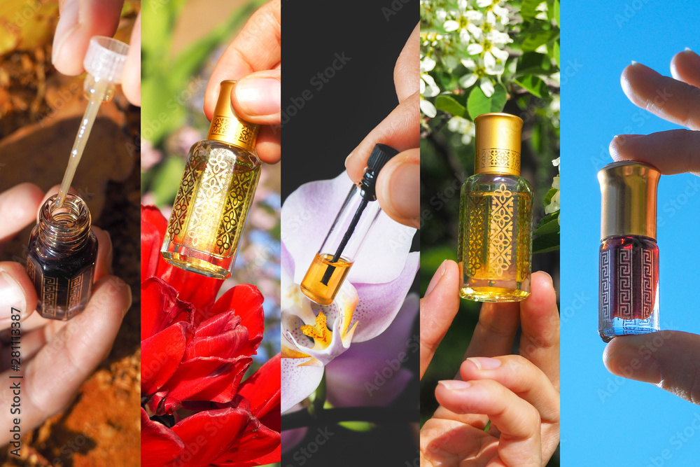 Collage from different pictures of concentrated perfume in a mini ...