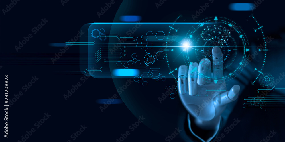 Machine learning. Hand of robot touching on binary data. Futuristic ...