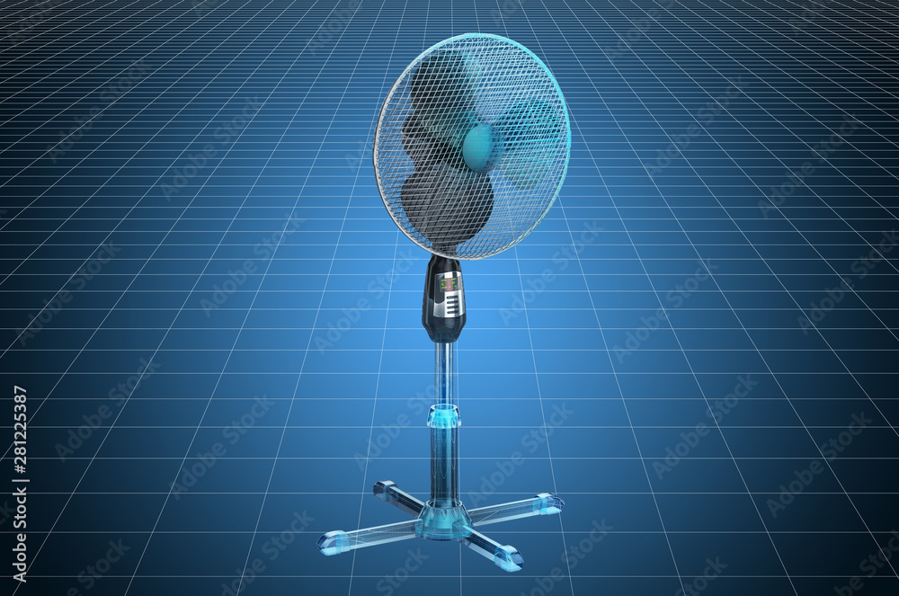 Visualization 3d cad model of standing pedestal electric fan, blueprint ...