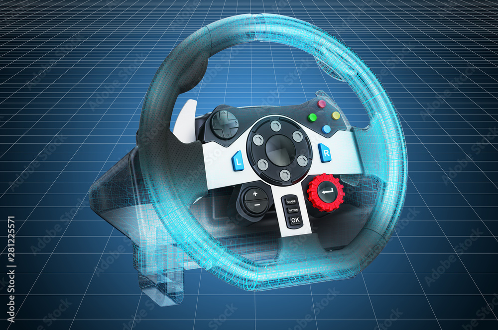 Visualization 3d cad model of gaming steering wheel, blueprint. 3D ...