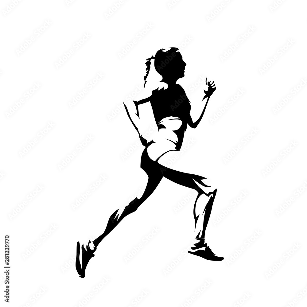 Running woman, side view isolated vector silhouette. Run, ink drawing ...