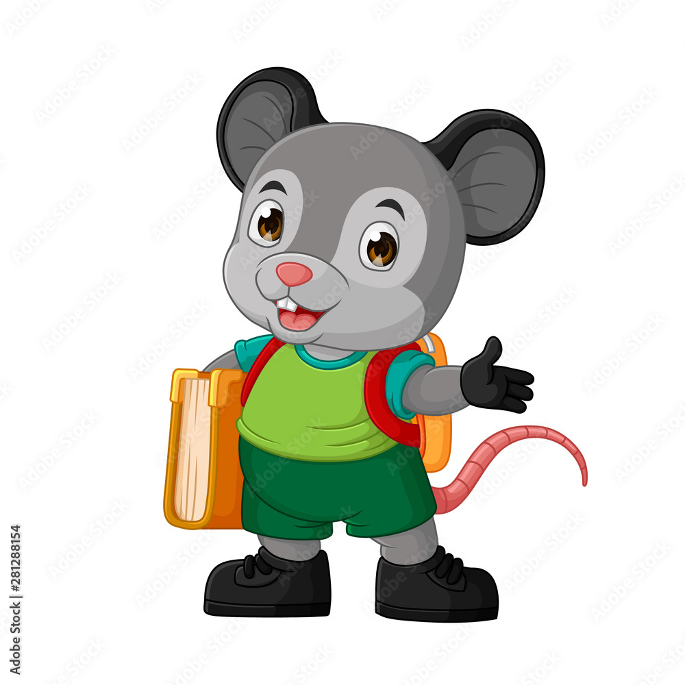 cartoon mouse carrying books going to school, isolated on white ...