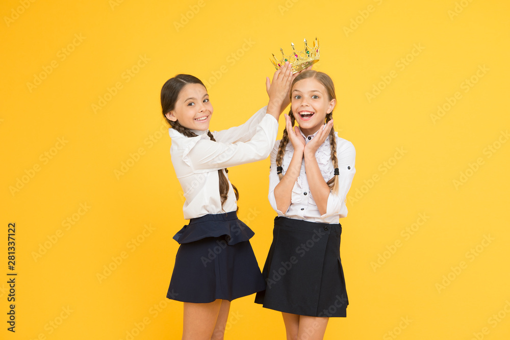 Champion crowned. School competitions concept. Royal friendship. Crown ...