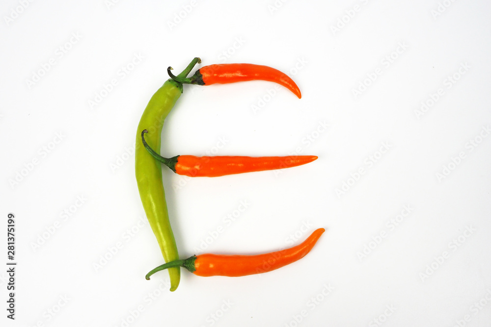 English alphabet. Letter E made of fresh chili pepper isolated on white ...