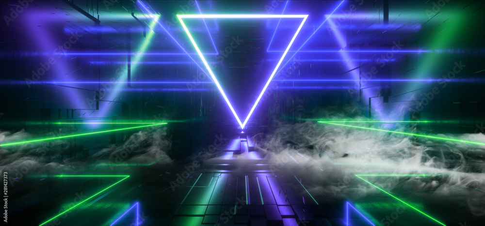 Smoke Triangle Shaped Neon Glowing Laser Blue Green Futuristic Sci Fi ...
