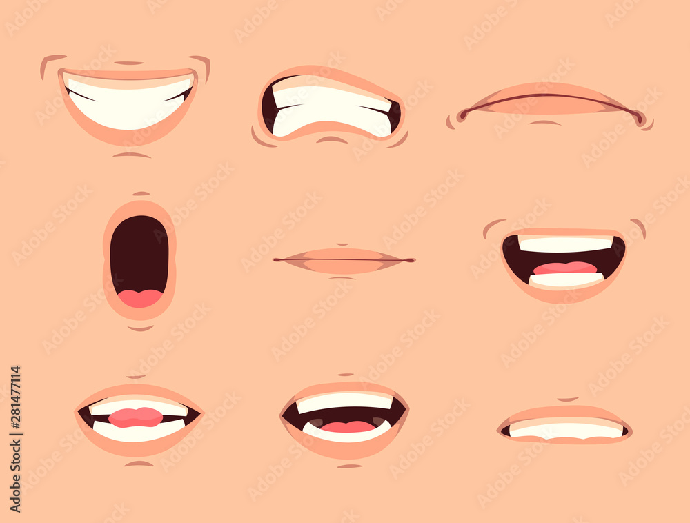 Cartoon cute mouth expressions facial gestures set with pouting lips ...