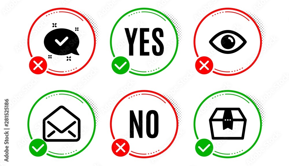 Approved, Eye and Mail icons simple set. Yes no check box. Package box ...