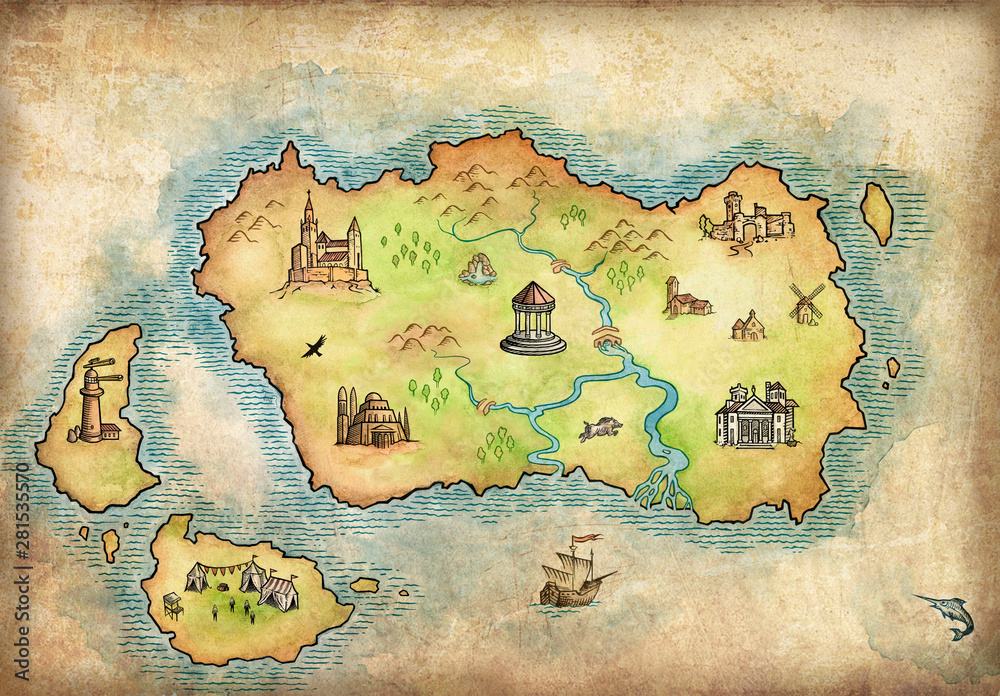 Old vintage map with handmade drawings for treasure games and fantasy ...