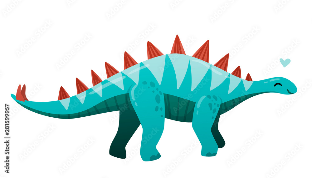 Little cute turquoise blue stegosaurus with a red ridge, closed his ...
